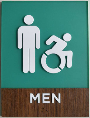 Three Dimensional ADA Compliant Restroom Signage Wood Grain Laminate Clear Grade II Braille