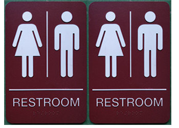 Thermoformed Red ADA Restroom Signs Three Dimensional With 1/32" Tactile Text And Graphic