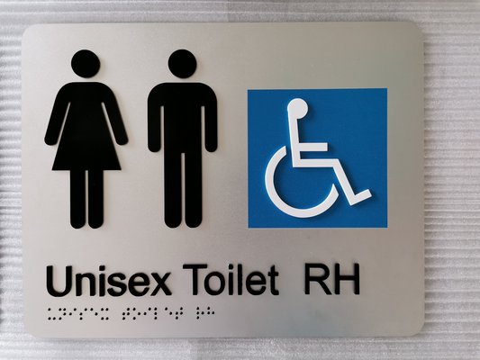 Outdoor Anodised Aluminium Braille Signs 1.6 SNA Panels Unisex Toilet RH Text
