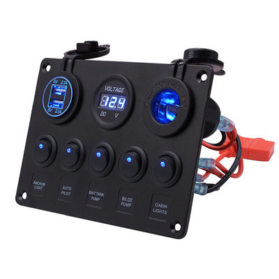 Top Sale 12-24V Waterproof On Off Marine Dual USB Charger Digital Voltmeter 5Gang Rocker Switch Panel With Car cigarette
