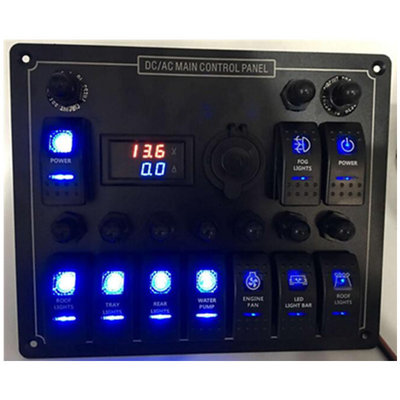 Hot Selling Waterproof On Off 10 Gang 5Pin With Digital Voltmeter Car Cigarette Lighter Rocker Switch Panel