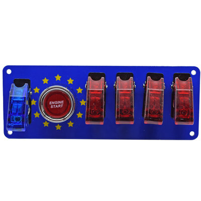 12V Switch Panel Puerto Rican Flag, Push Start, 1 WHITE/4 RED LED Toggle Switch