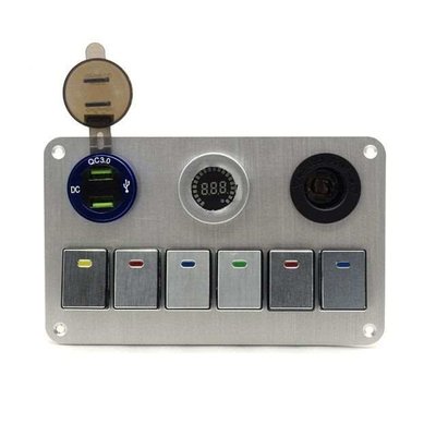 Silver Metal 6 Gang Switch Panel 12V/24V Rocker USB Socket Power Socket Breaker Control QC3.0 Socket