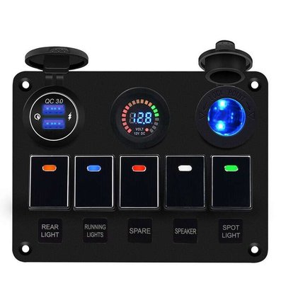 5 Gang Switch Panel 12V Rocker USB Socket Power Socket Breaker Control QC3.0 RV Car Marine
