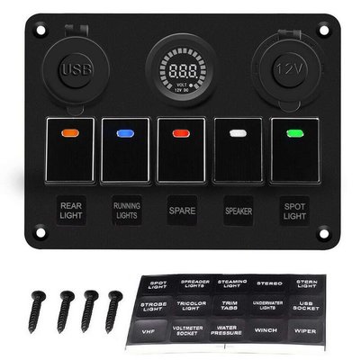 5 Gang Switch Panel 12V Rocker USB Socket Power Socket Breaker Control QC3.0 RV Car Marine