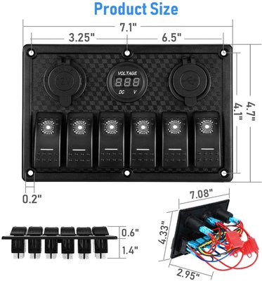 6 Gang Marine Boat Rocker Switch Panel, 12V Waterproof RV Led Switch Panel for Car Truck Marine Boat