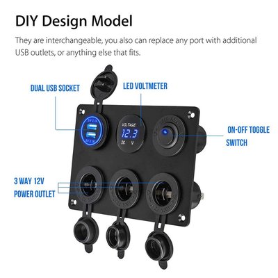 12V Cigarette Socket Panel, 3-Socket Cigarette Lighter Splitter & 12V 4.2A Dual USB Car Socket & LED Lighted ON Off Rock