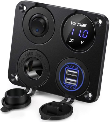 12V Marine Car Charger Socket Panel, 4 in 1 Waterproof Boat Cell Phone Rocker Switch Panel with 12 Volt Dual USB Power O