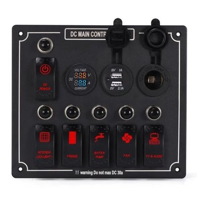 DC12V 24V multifunction 6 Gang Marine Rocker switch control panel with usb socket voltmeter ampermeter cigarette socket