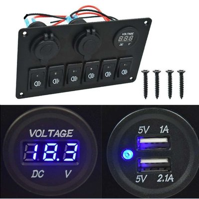 Blue LED 6 Gang Switch Panel 12V Rocker USB Socket Power Socket Breaker QC 3.0A Voltage Marine