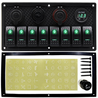 Waterproof Marine Boat 8 gang Rocker Switch Panel with Dual USB charger + Cigarette Lighter +voltmeter