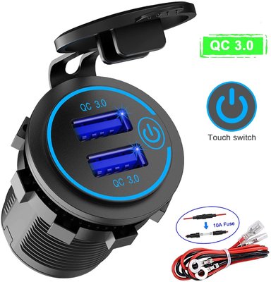 12V/24V 36W USB Charger Waterproof Power Socket Adapter with Touch Switch for Marine, Boat, Motorcycle,