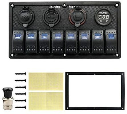 8 Gang Waterproof Rocker Switch Panel - with Fuse DC 12V/24V Digital Voltage Display Dual USB Slot Power Socket