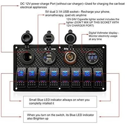 8 Gang Waterproof Rocker Switch Panel - with Fuse DC 12V/24V Digital Voltage Display Dual USB Slot Power Socket