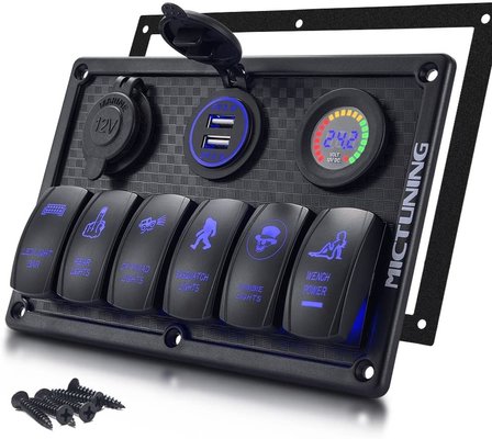 Waterproof Rocker Switch Panel with Fuse, 6 Gang ON-Off Toggle Switch Dual USB Digital Voltmeter and Cigarette Lighter