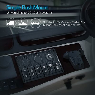 Waterproof Rocker Switch Panel with Fuse, 6 Gang ON-Off Toggle Switch Dual USB Digital Voltmeter and Cigarette Lighter