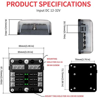 6-Way Fuse Panel Box Blade Holder w/Negative 12V 6-Circuit Fuse Block Box LED Light Indication & Protection Cover,