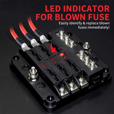 6-Way Fuse Panel Box Blade Holder w/Negative 12V 6-Circuit Fuse Block Box LED Light Indication & Protection Cover,
