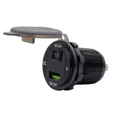 Black Metal 12V/24V Waterproof QC3.0 USB socket Charger with Voltmeter and On/Off Switch for Car Boat Motorcycle Marine