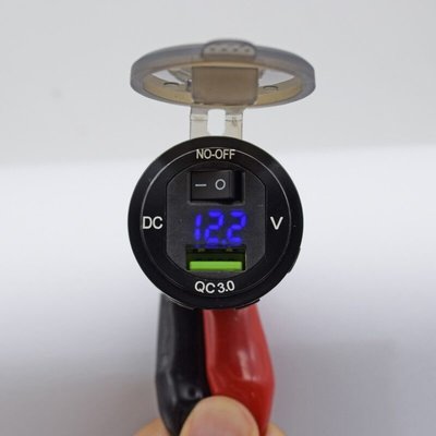 Black Metal 12V/24V Waterproof QC3.0 USB socket Charger with Voltmeter and On/Off Switch for Car Boat Motorcycle Marine