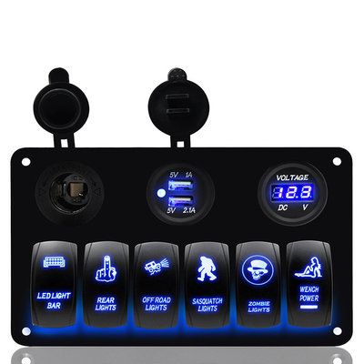 Metal Aluminum Auto car RV Marine Boat 3 gang Rocker Switch Panel with Dual USB charger + cigarette socket + Voltmeter