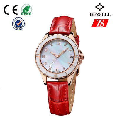 Classic Stainless Steel Women Watch With Red And White Leather Band