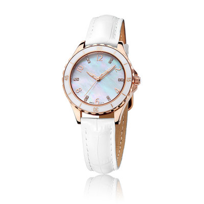 Classic Stainless Steel Women Watch With Red And White Leather Band