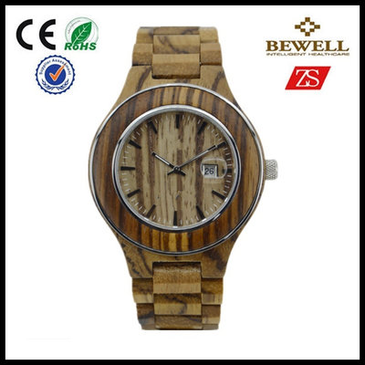 Stainless Steel Bezel Movt Ladies Wooden Watch With Date CE ROHS FSC