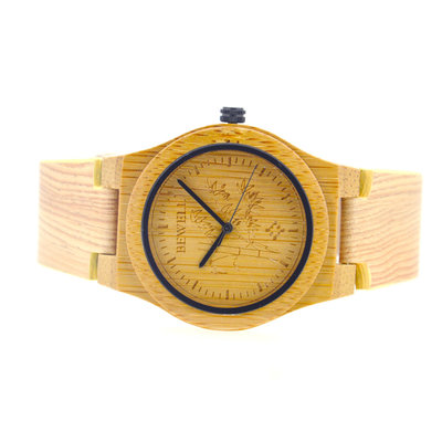 Customized Elegant Men Wooden Watch Harden Glass With Leather Strap