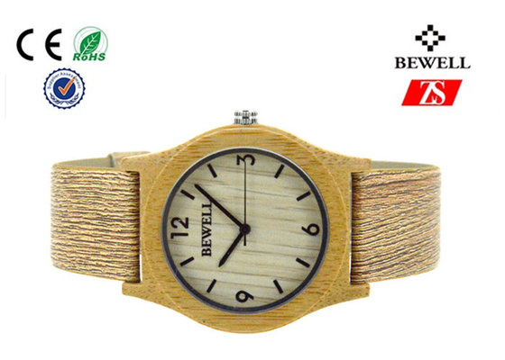 Bamboo Wooden Watch With Leather Band Stell Crwon And Buckle