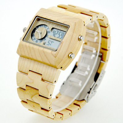 Bewell Natural Maple Wood Wrist Watch For Male With Double Movements