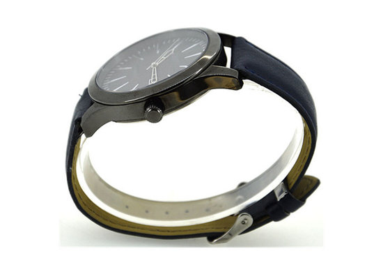Genuine Leather Strap Watch , Black Stainless Steel Watches For Men
