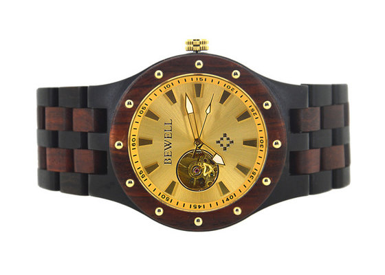 Automatic Movement Gold Dial Bewell Wood Watch Man , Sandalwood Case And Band