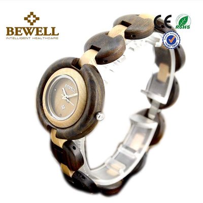 Custom Quartz Wood Watch / Bewell Wooden Mens Watch With Black Sandalwood Case