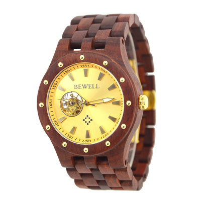 Golden Dial Luxury Automatic Wooden Mechanical Watches With Wooden Band