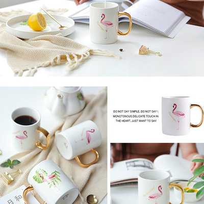 English Ceramic Dinnerware Sets Flamingo Pattern Gold Rim With Electroplate Handle