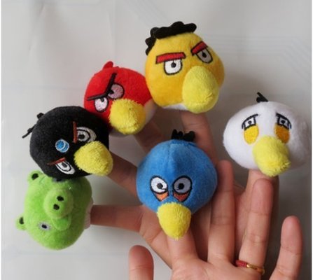 I piccoli burattini del dito della peluche dell'uccello per i bambini, giallo/rosso/blu