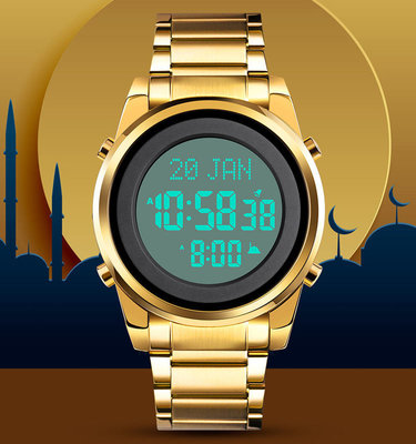 1734 Premium Men's Jam Tangan Watches Muslim Azan Uhr Qibla Direction Watch Al Harameen Clock Prayer Azan Watch