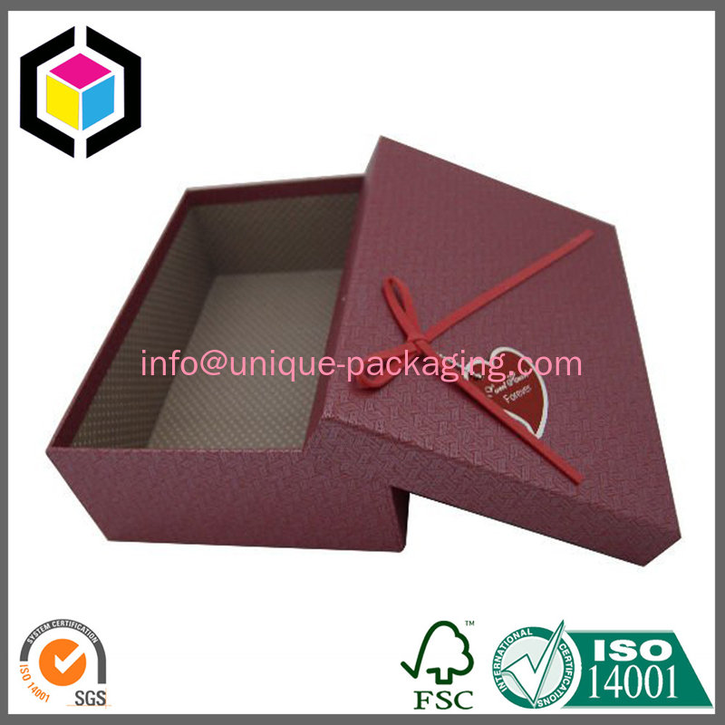 Red Ribbon Tie Gift Chipboard Packaging Box; Red Color Print Grain Rope Gift Box