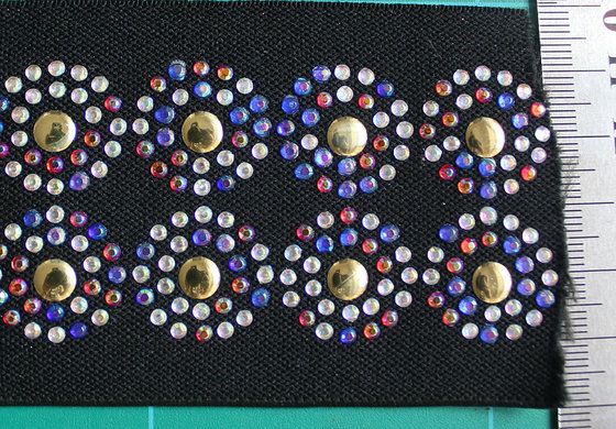 Colorful Rhinestone Black Elastic Webbing 5cm , Beautiful Round Pattern
