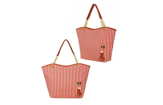 Vertical Stripe women Cloth Shopping shoulder Bag with Metal Chain