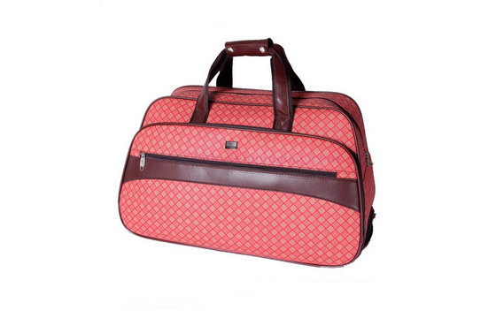 Customized red middle size roller gear bag with a zip front pocket