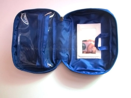 Blue travel wash bag with zipped pocket inside , hanging cosmetic bag