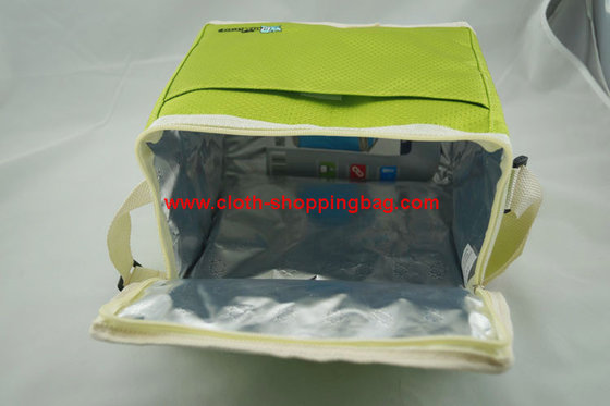Green polyester fabric built lunch cooler bag with strong handle