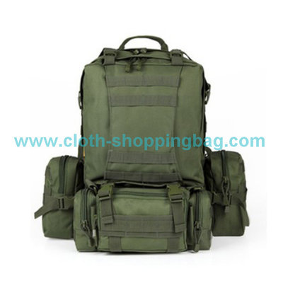 Army green functional camping gear backpack with drawstring collar closure