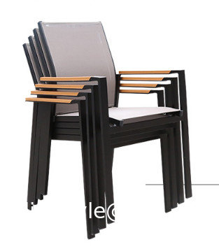 Textilene chair with aluminum frame and teak wood or poly wood arm BY CLOVER LIFESTYLE