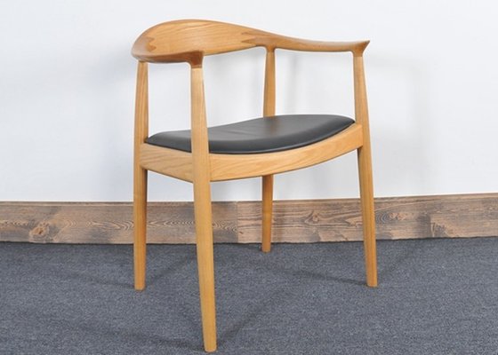 Vintage Hans Wegner Wooden Restaurant Chair With Upholstered Leather Seat