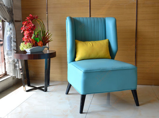 Blue PU Leather Wing Back Chairs With Yellow Cushion Copper Nail Decorative