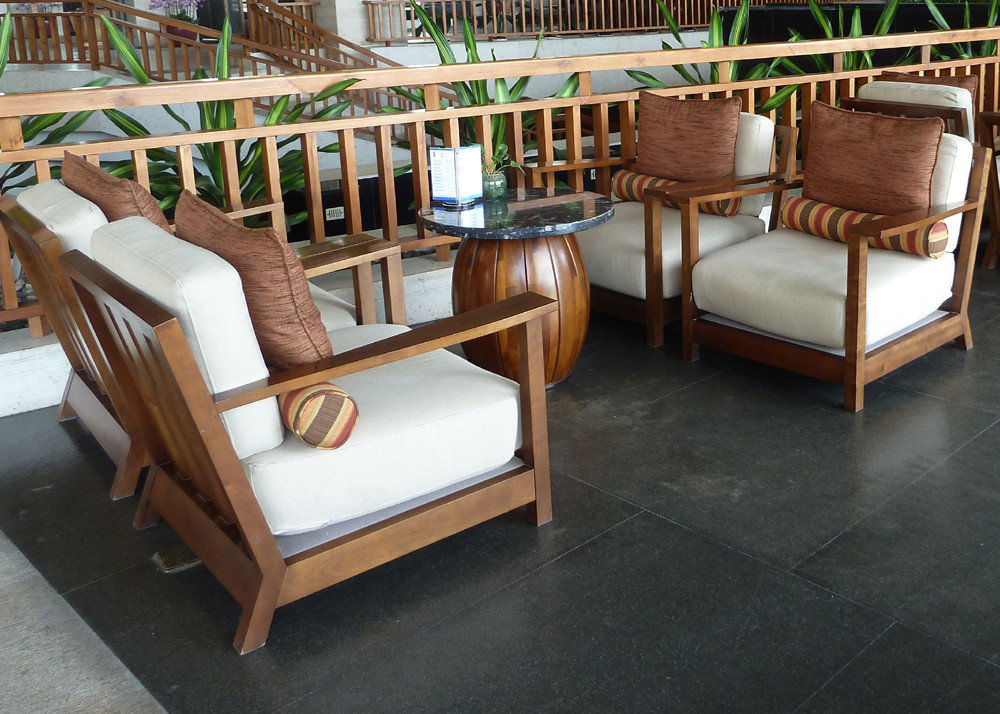 Island Resort Country Lobby Wood Frame Rattan Sofa Set With Cushion