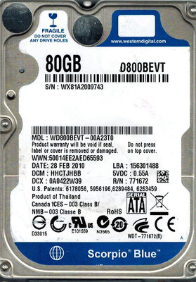 80GB 2.5 inch sata hard drive 5400 rpm Internal hard disk for laptop W800BEVT